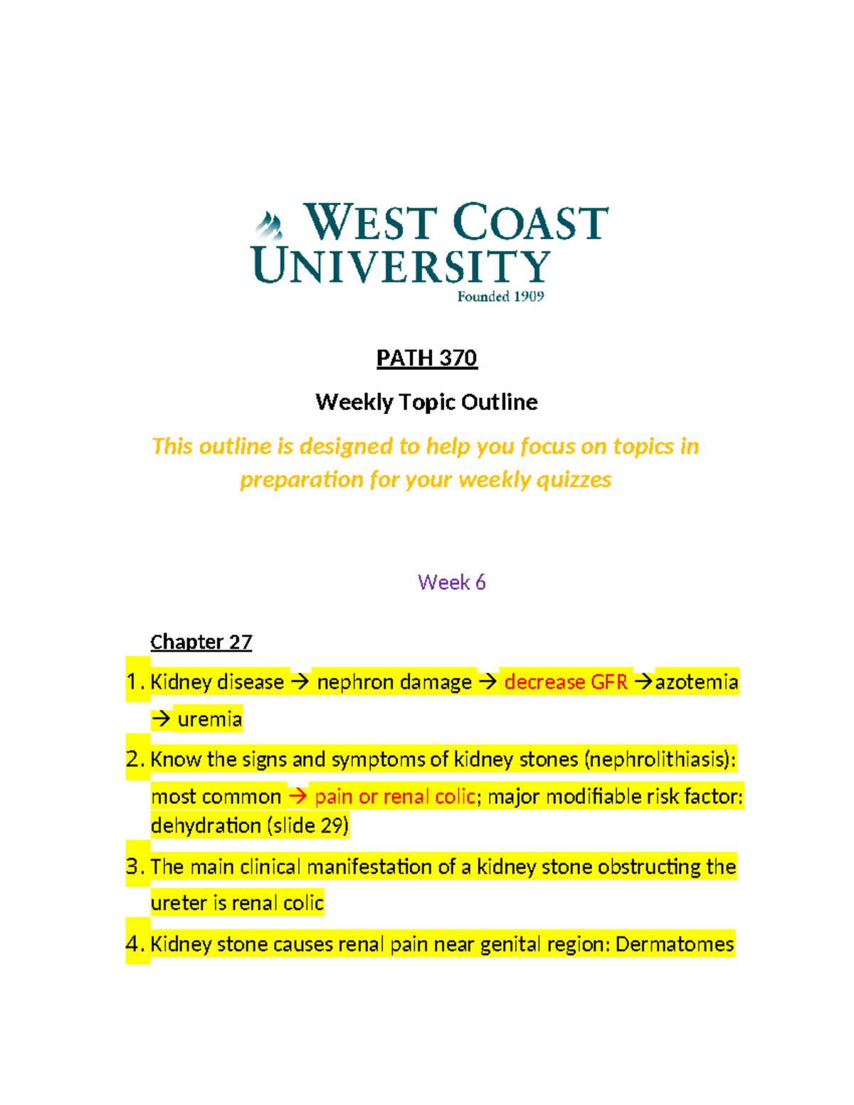 PATH 370 Week 6 Quiz Study Guide: Kidney & Urinary Disorders - Studocu