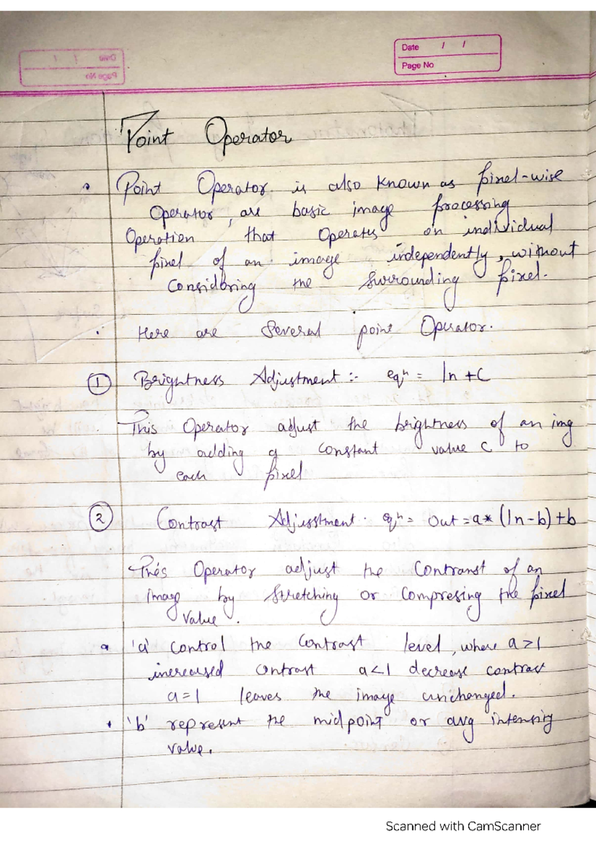 Unit 1 CV - Computer vision notes - Date Page No ok 8069 Voint Operator ...