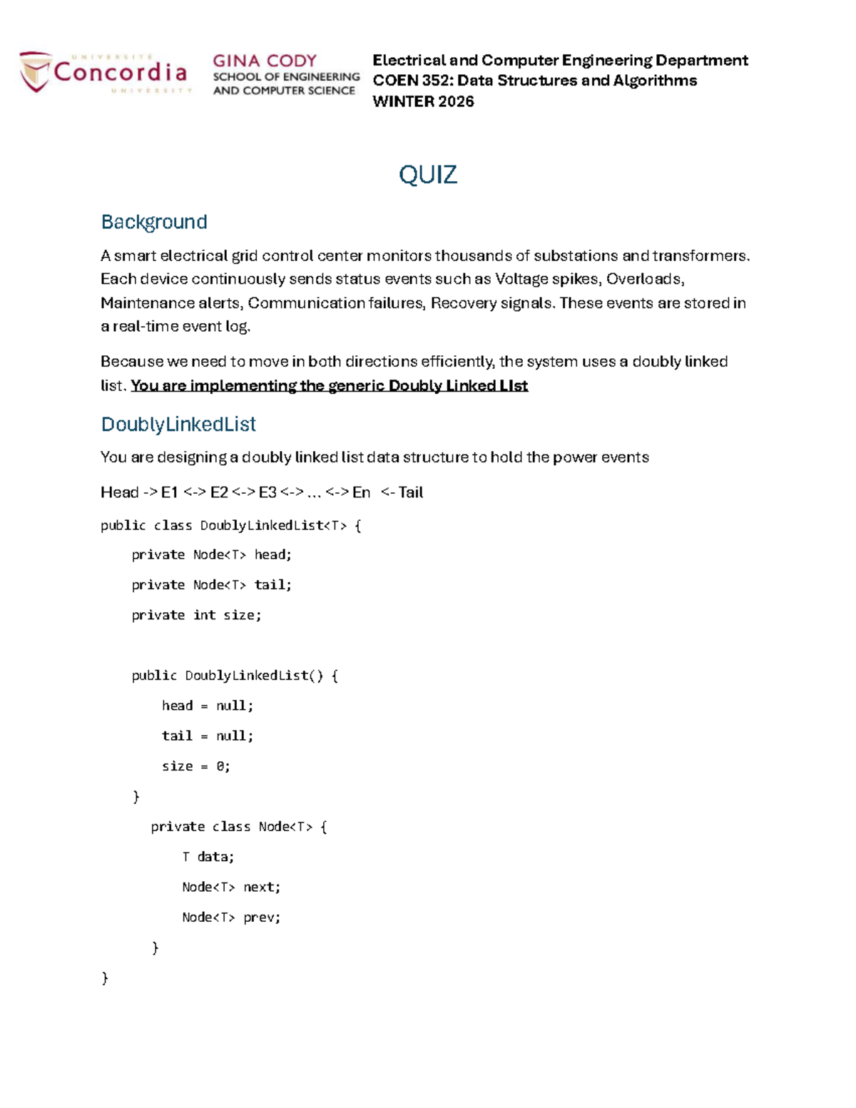 COEN 352: Data Structures and Algorithms - Quiz - Studocu