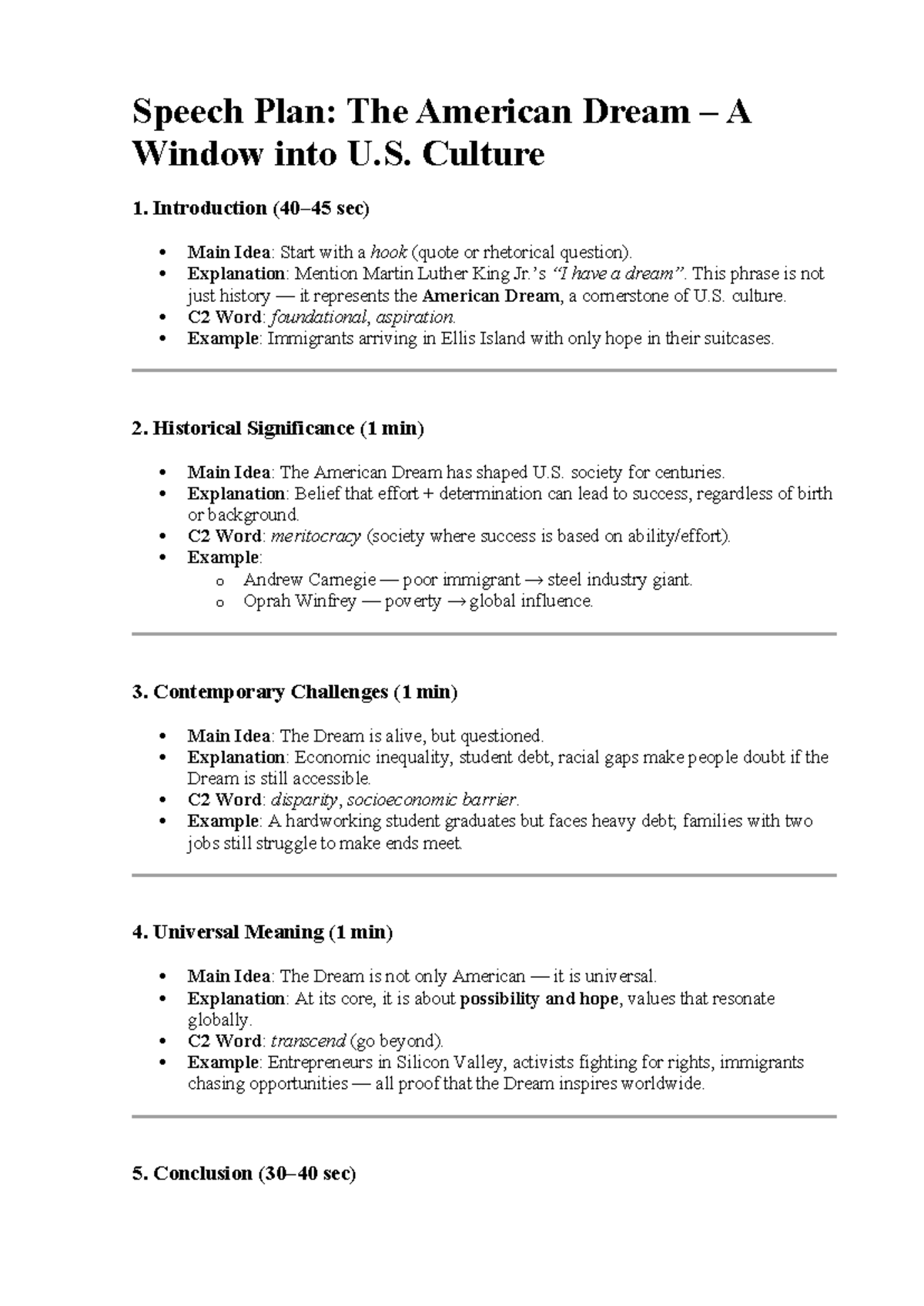 ESC AGU 25-26: Speech Plan on The American Dream and U.S. Culture - Studocu