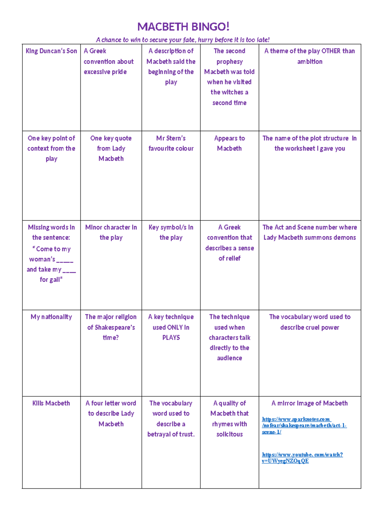 MACBETH BINGO! Fun Game to Explore Themes & Characters - Studocu