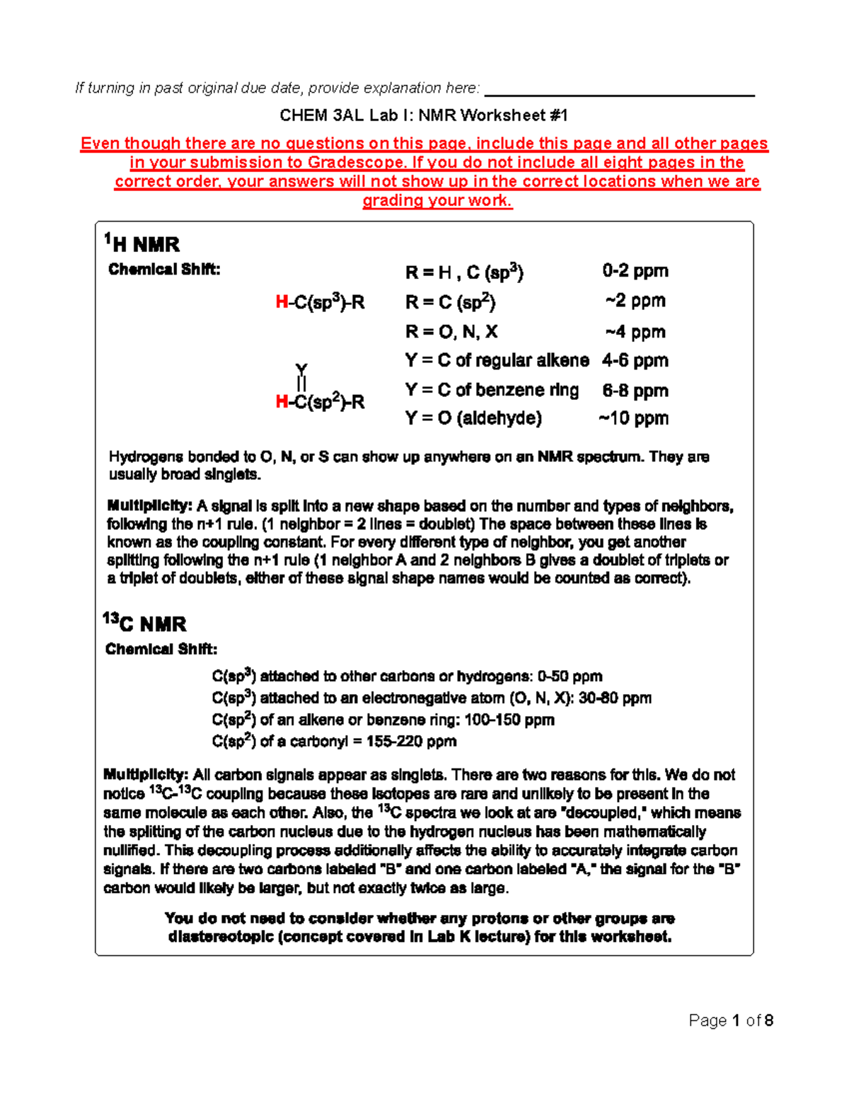 CHEM 3AL Lab I: NMR Worksheet 1 - Detailed Assignment Guide - Studocu