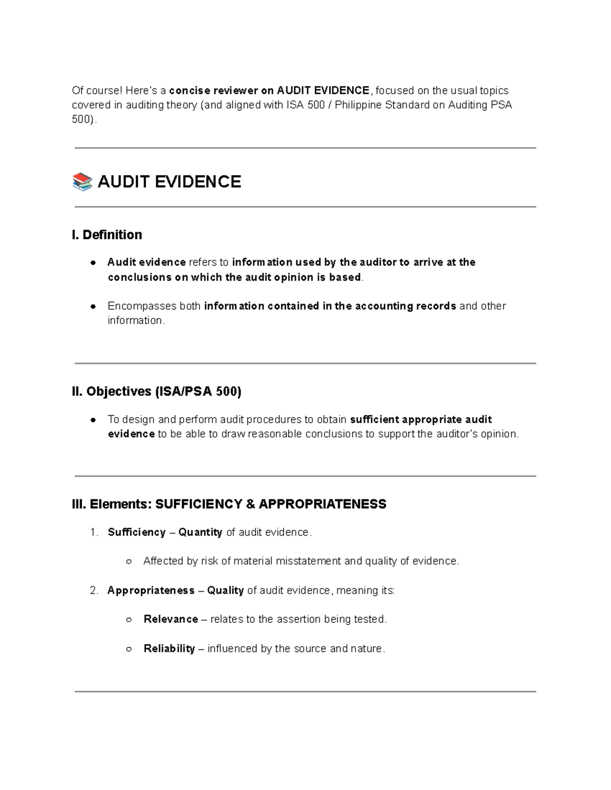 AUDIT EVIDENCE Review: Key Concepts & Procedures (PSA 500) - Studocu
