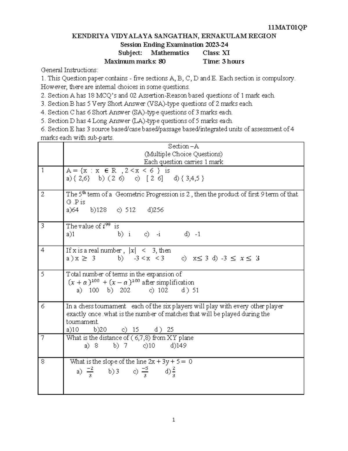 11MAT01QP Mathematics Class XI Session Ending Exam Paper - Studocu