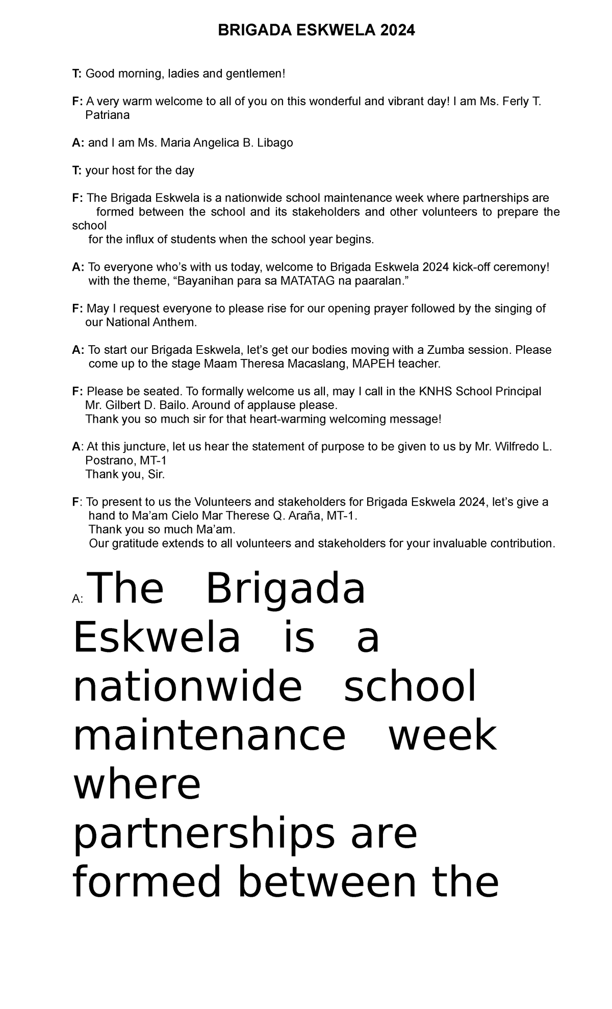 Brigada Eskwela 2024: Kick-off Ceremony Script and Highlights - Studocu