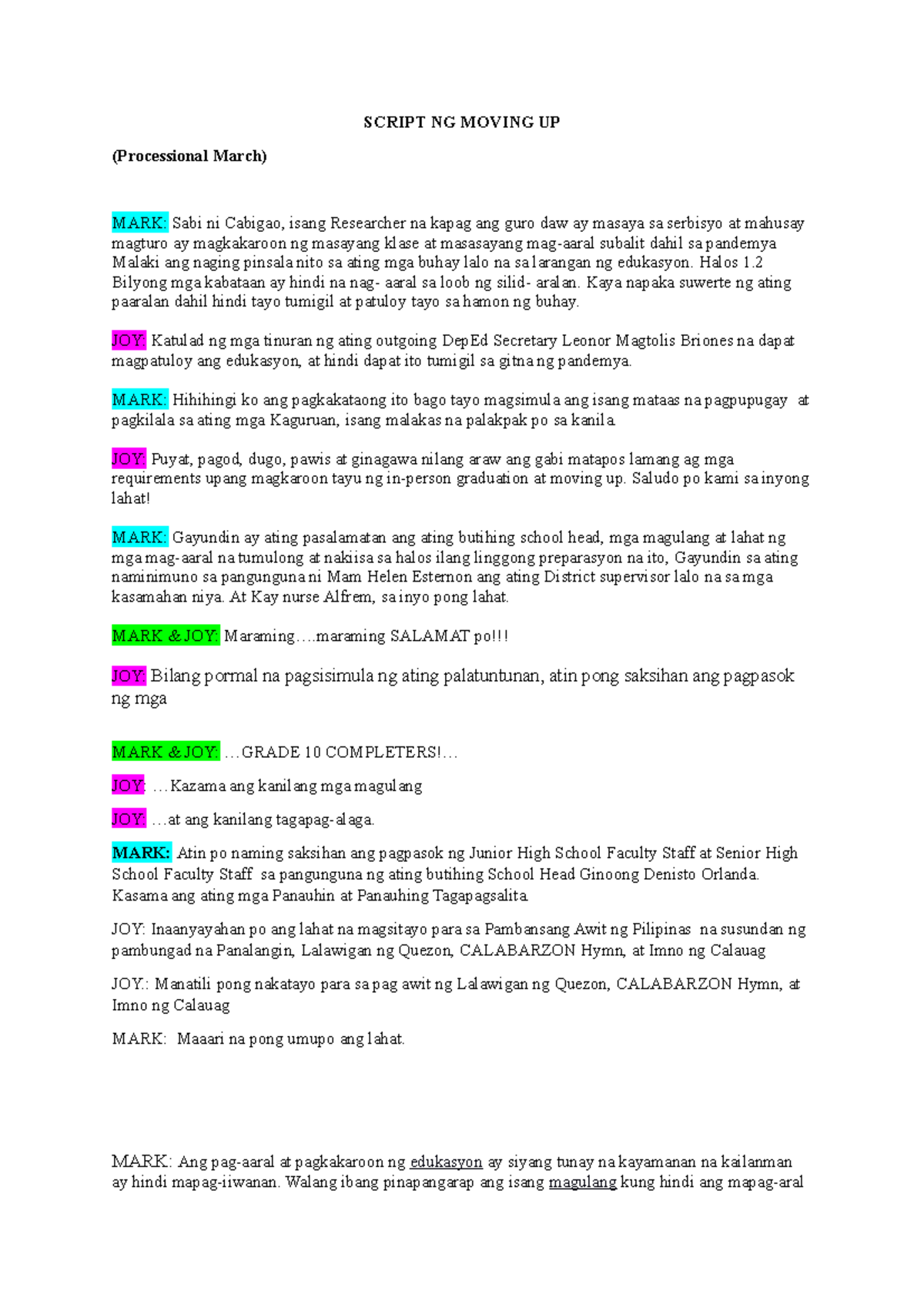 Script NG Moving UP - SCRIPT NG MOVING UP (Processional March) MARK ...