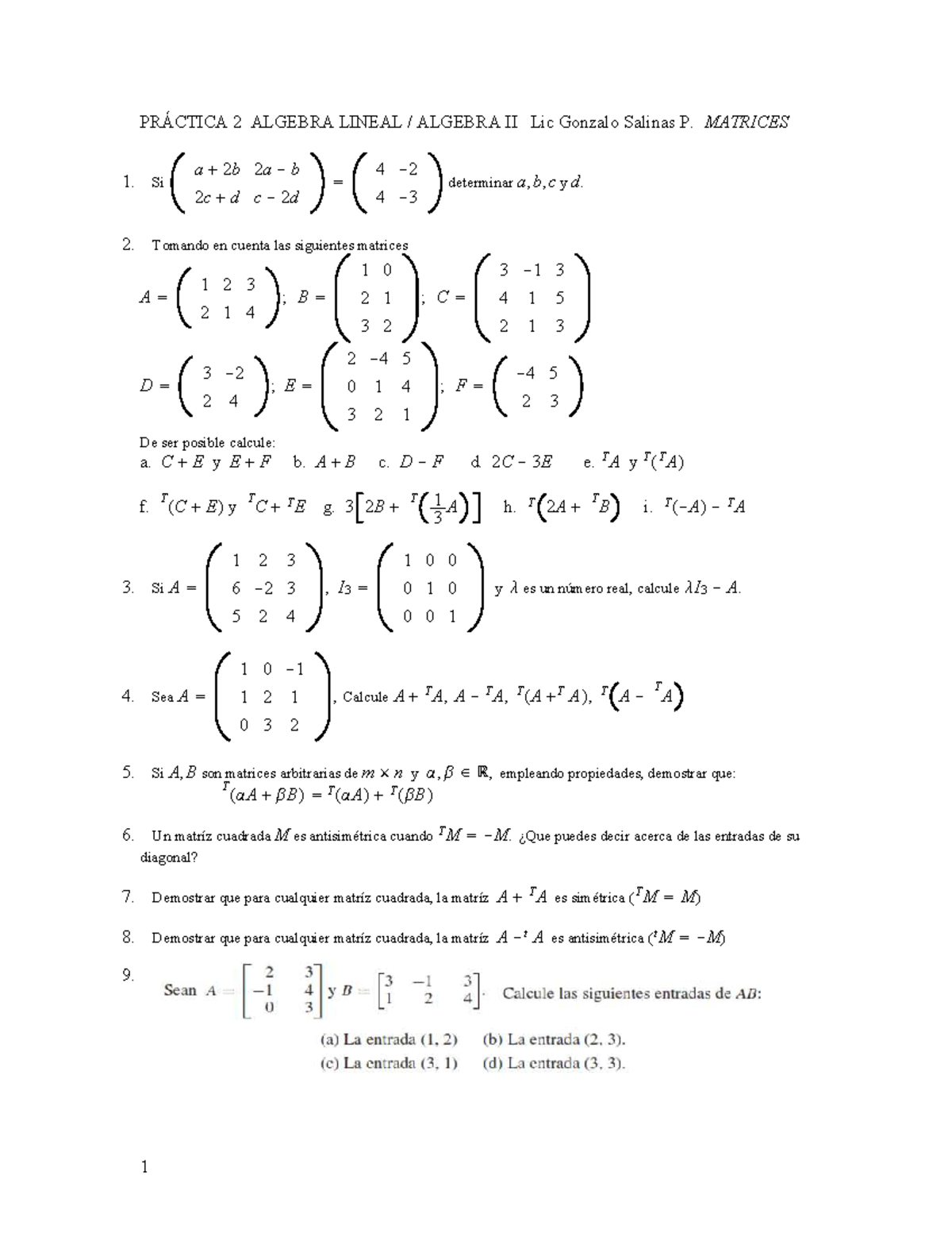 Práctica 2: Matrices en Álgebra Lineal II - Lic. Gonzalo Salinas P. - Studocu
