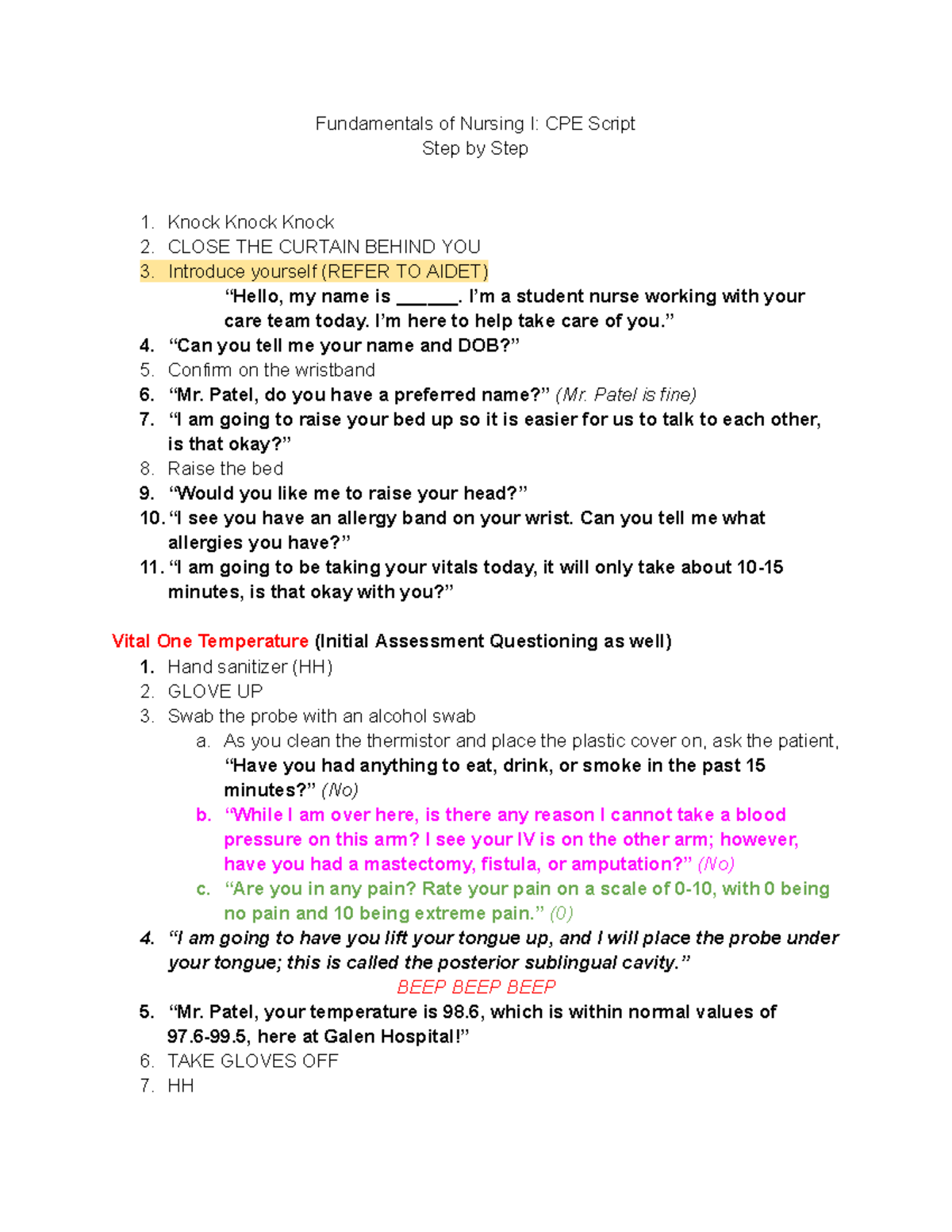Fundamentals of Nursing I: CPE Script for Vital Signs Assessment - Studocu
