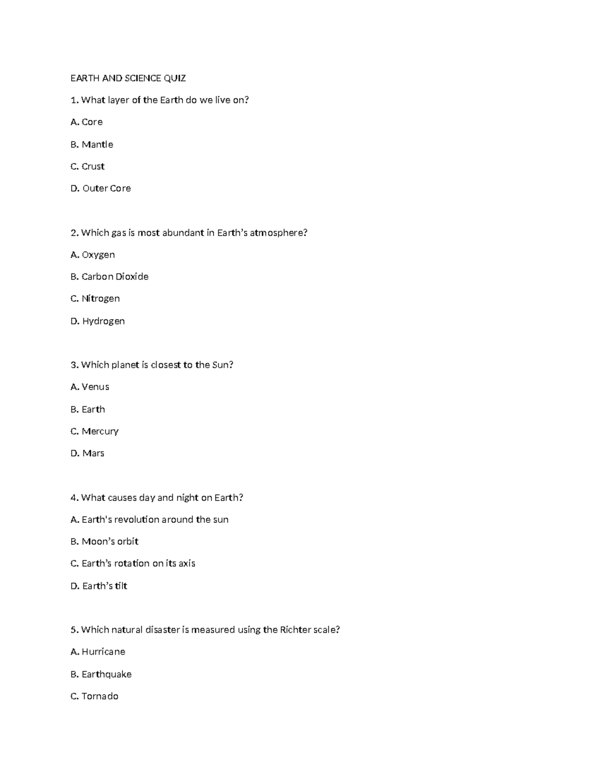 EARTH AND SCIENCE QUIZ 1: Key Concepts and Questions - Studocu