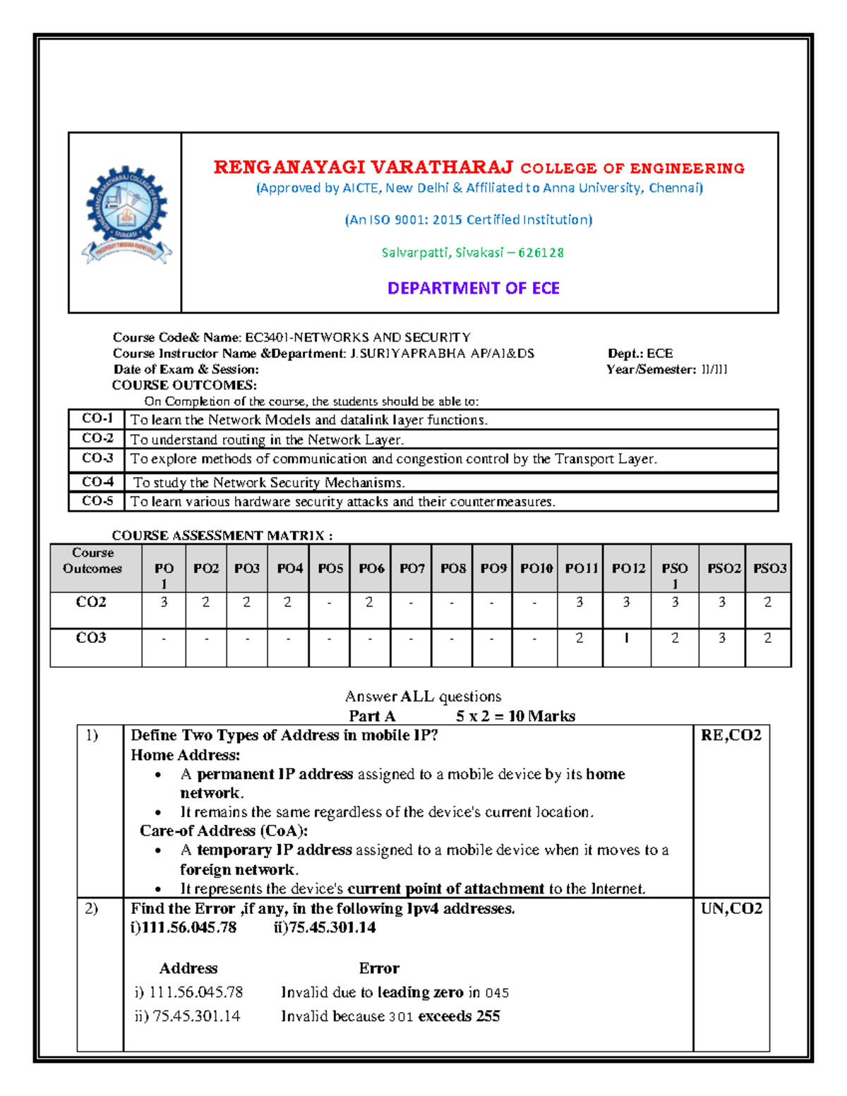 IAT-2 (KEY) - Answer Keys for ECE Course Outcomes and Network Security ...