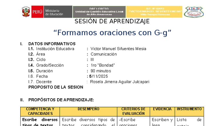 SESION DE APRENDIZAJE: ORACIONES CON G - I.E. 62013 - Studocu