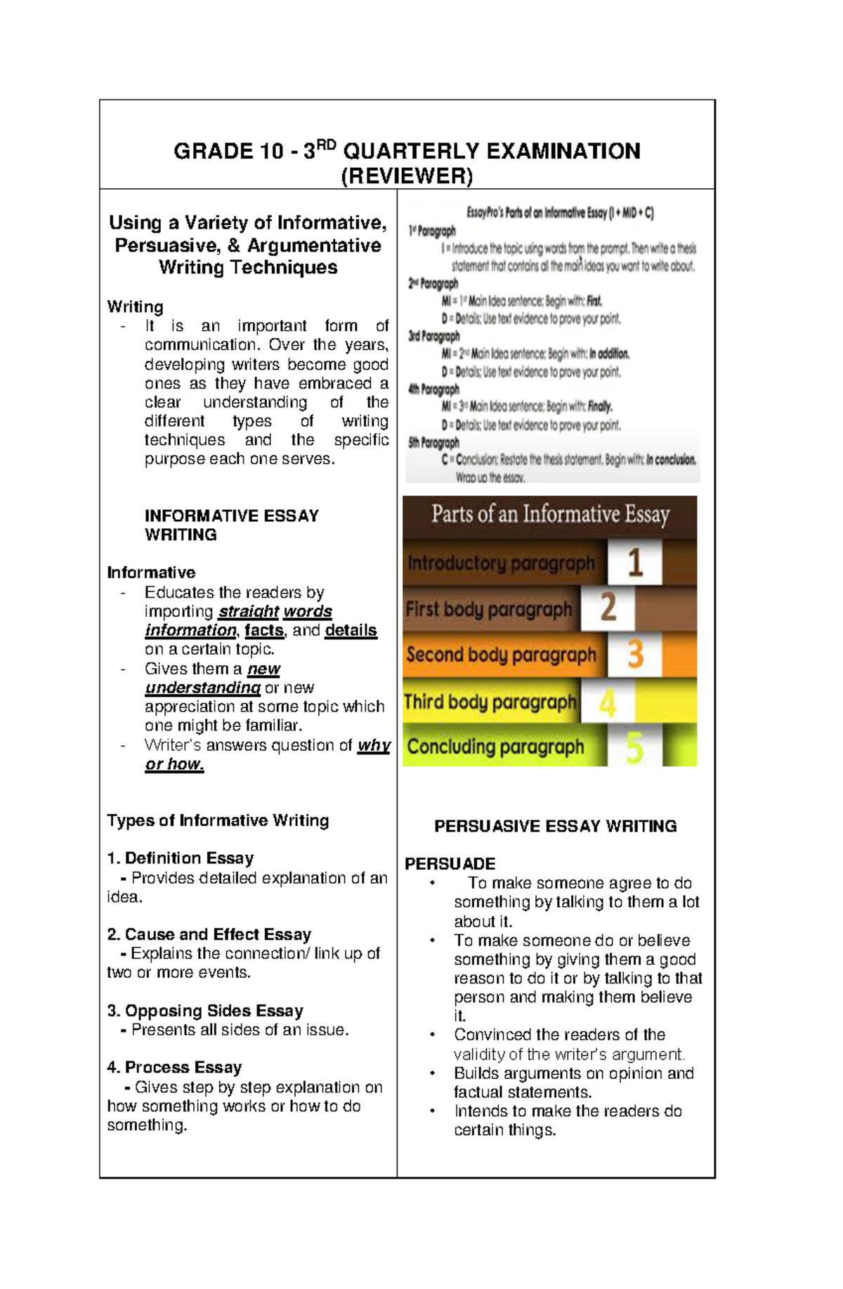 English 10 - 3rd Quarter Exam Reviewer: Informative & Argumentative Writing - Studocu