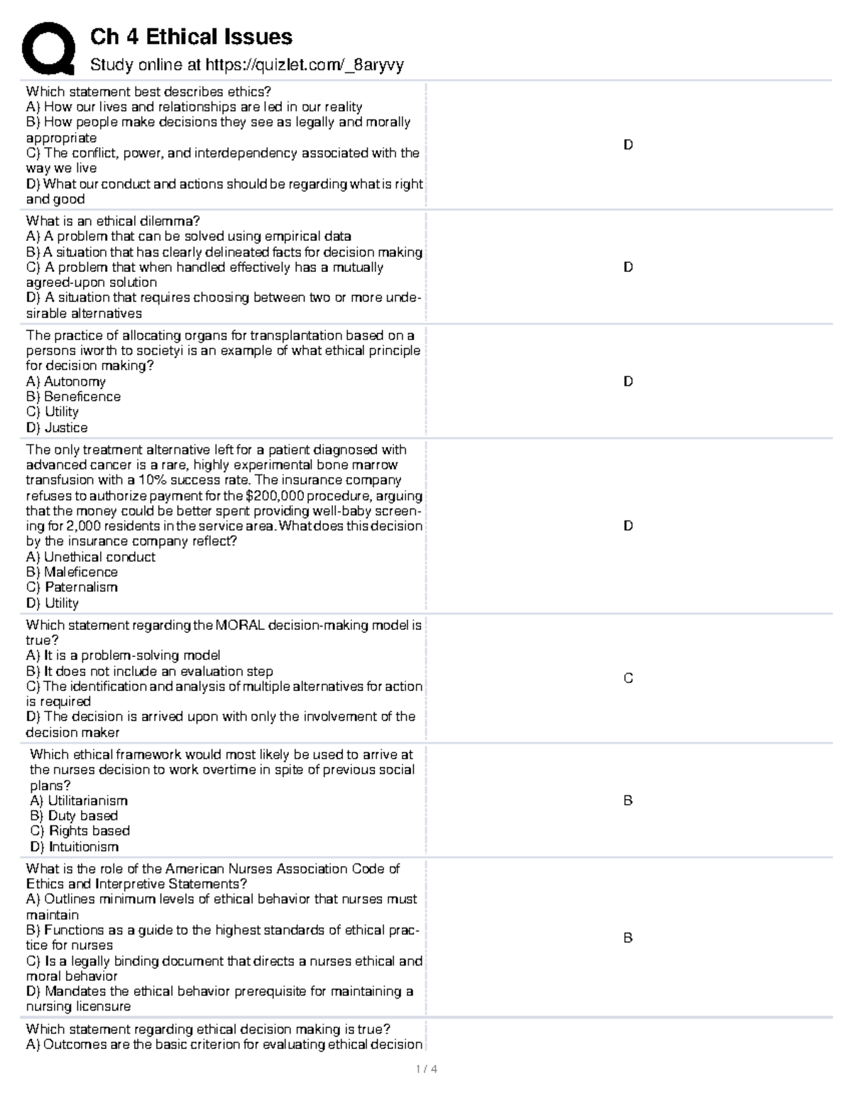 NUR 303 Chapter 4 Quizlet - Ethics and Decision Making Practice - Studocu