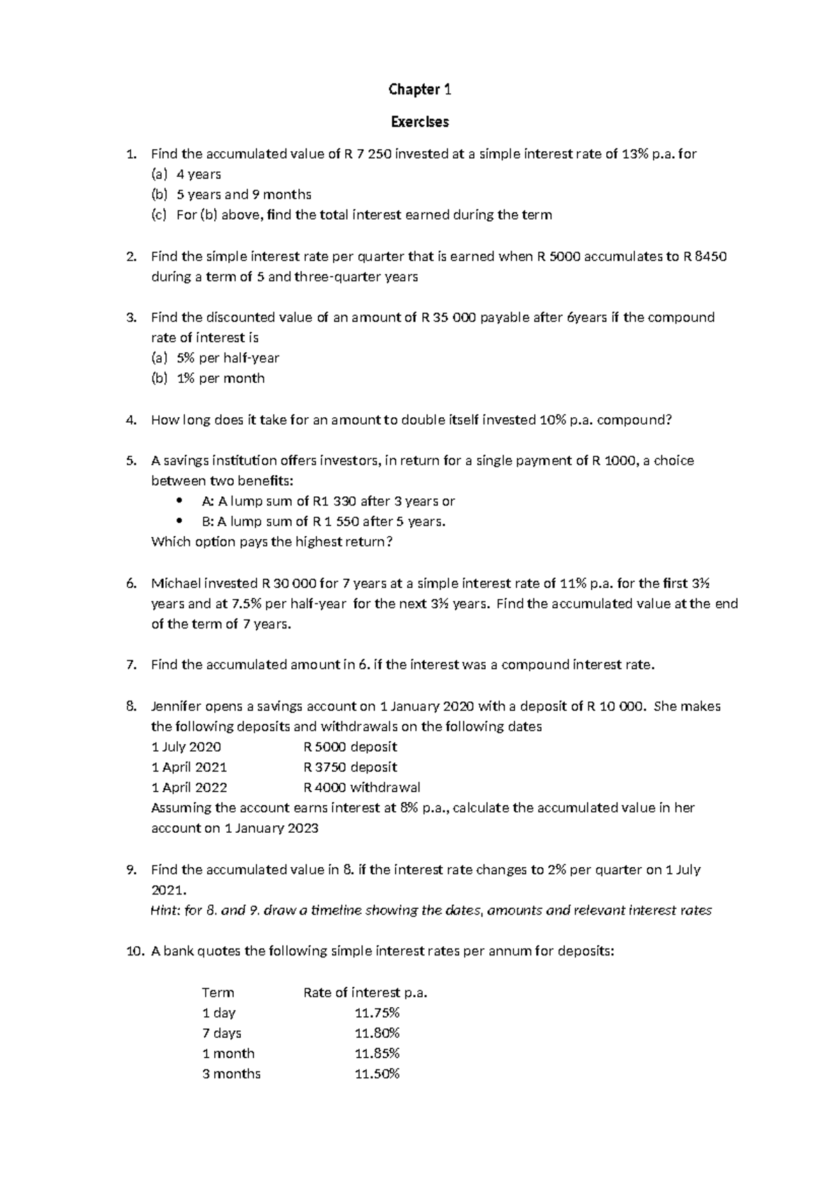 Chapter 1 Exercises: Simple & Compound Interest Problems - Studocu