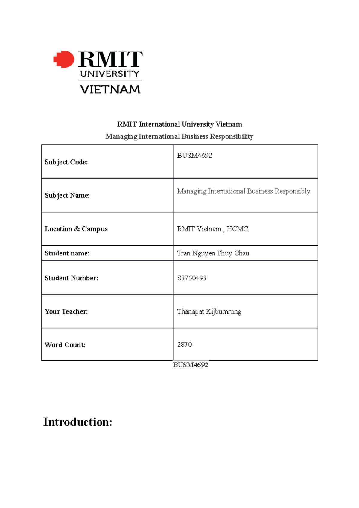 A2 MIBR s3750493 - Assignment 2_MIRB_THANAPAT - RMIT International ...