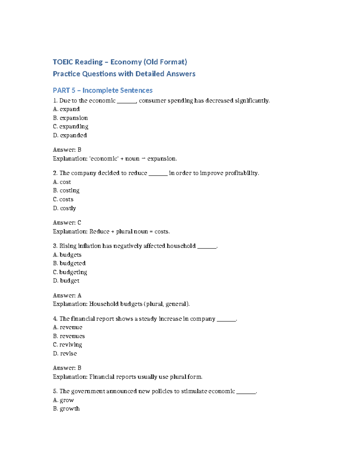 TOEIC Reading Economy Old Format Practice Questions & Answers - Studocu