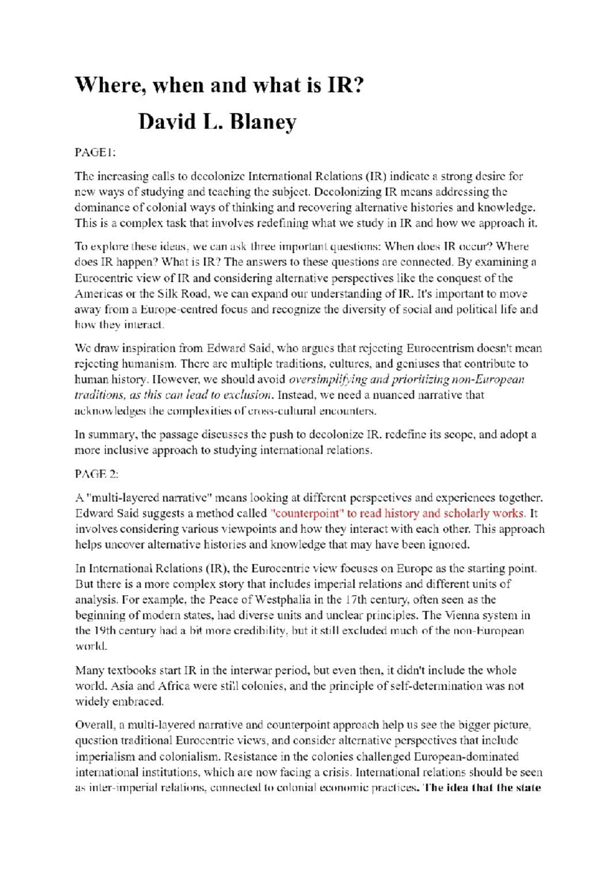 Decolonizing International Relations: Perspectives and Challenges - Studocu