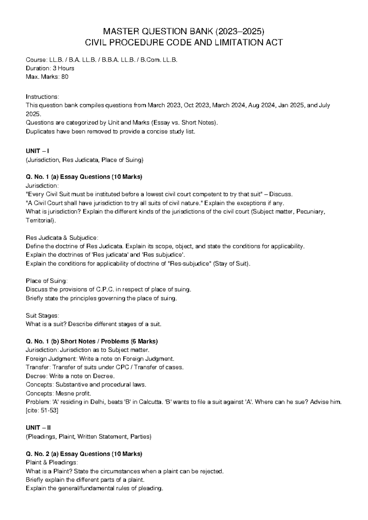 CPC & Limitation Act Master Question Bank (2023-2025) for LL.B. - Studocu