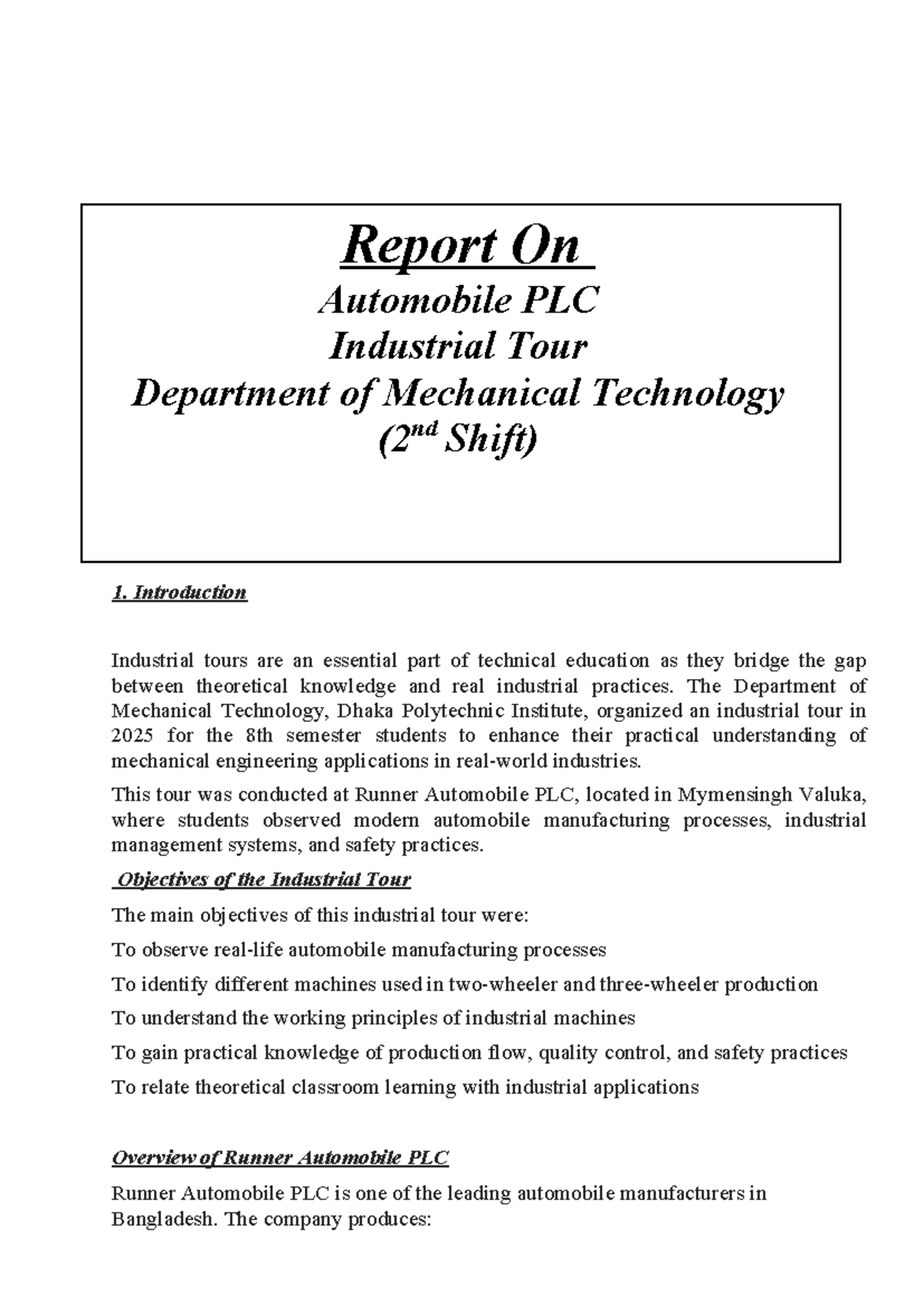 Industrial Tour Report: Runner Automobile PLC - Mech Tech 8th Sem - Studocu