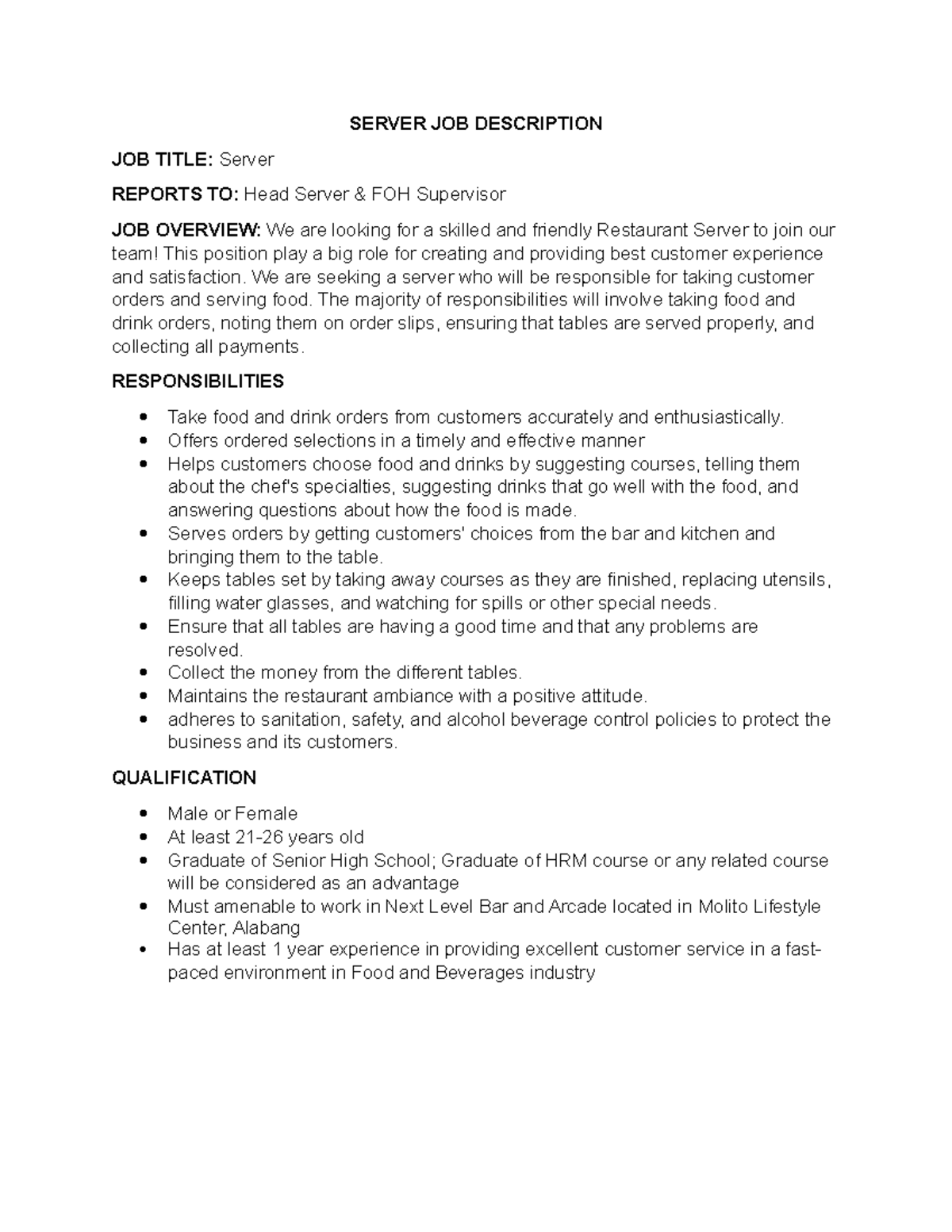 Server JOB Description - SERVER JOB DESCRIPTION JOB TITLE: Server ...