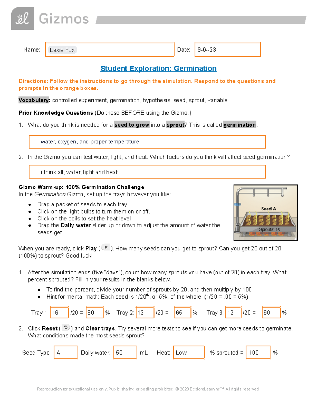 Gizmo Germintaion Lab - Name: Lexie Fox Date: 9-6- Student Exploration ...