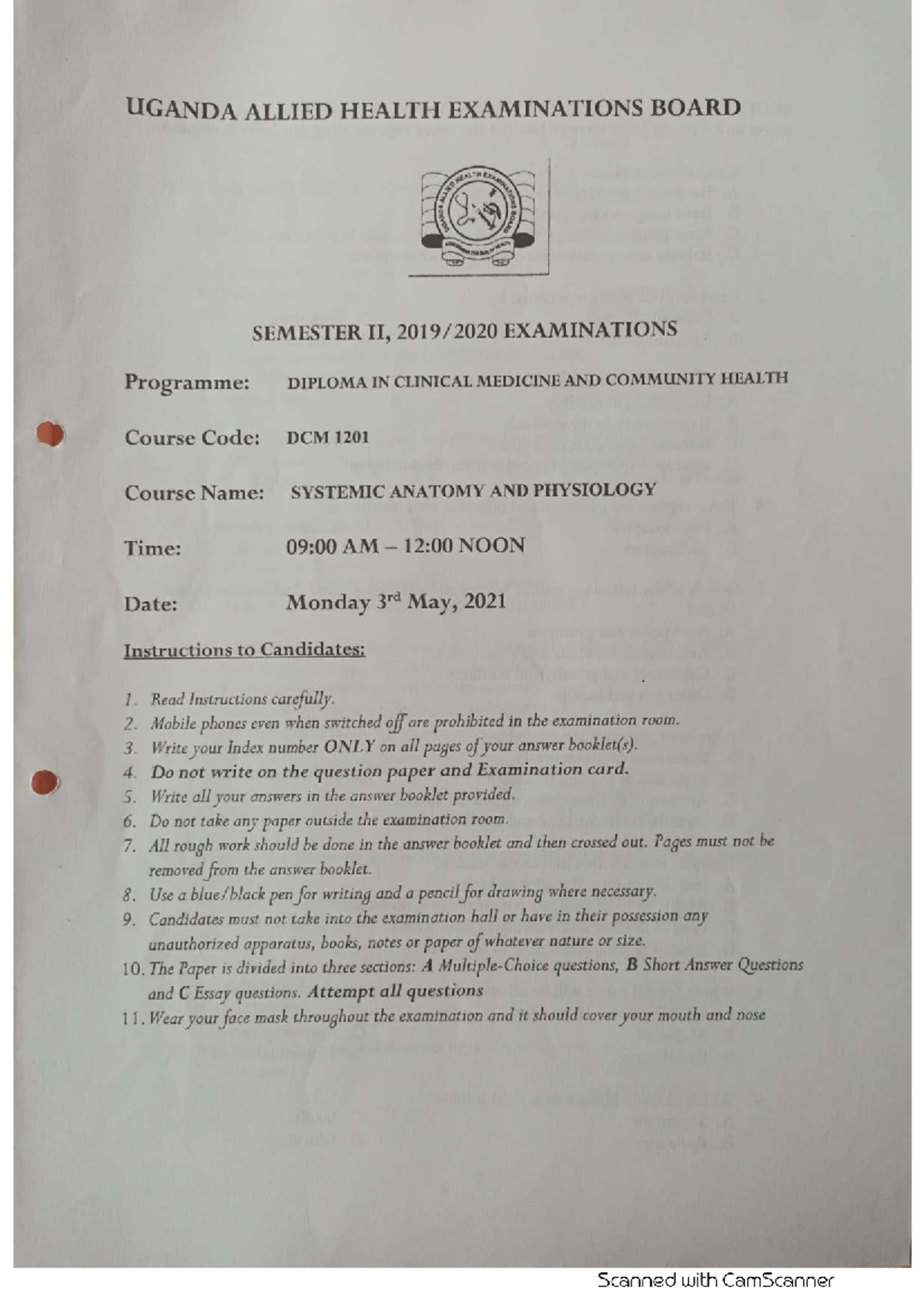 DCM 1201: Systemic Anatomy and Physiology Exam - Semester II - Studocu