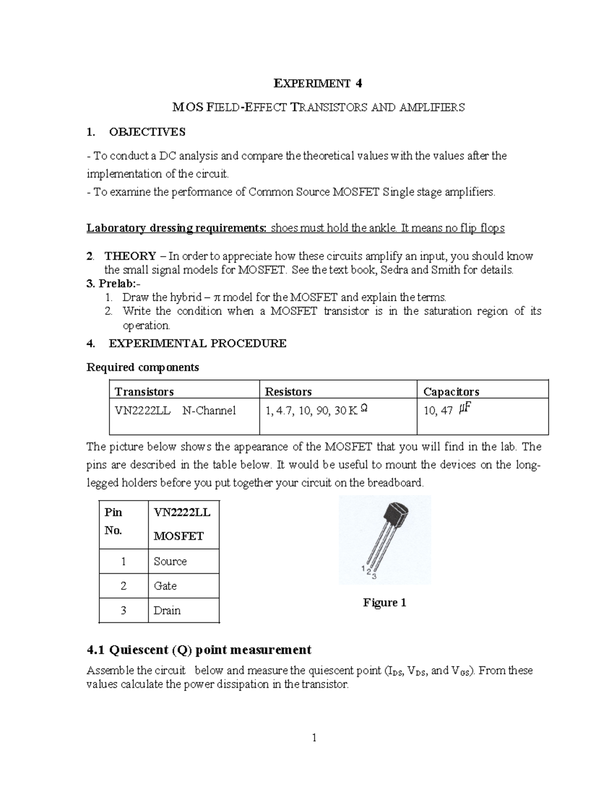 Lab 4: MOS Transistors & Amplifiers - DC Analysis & Performance ...