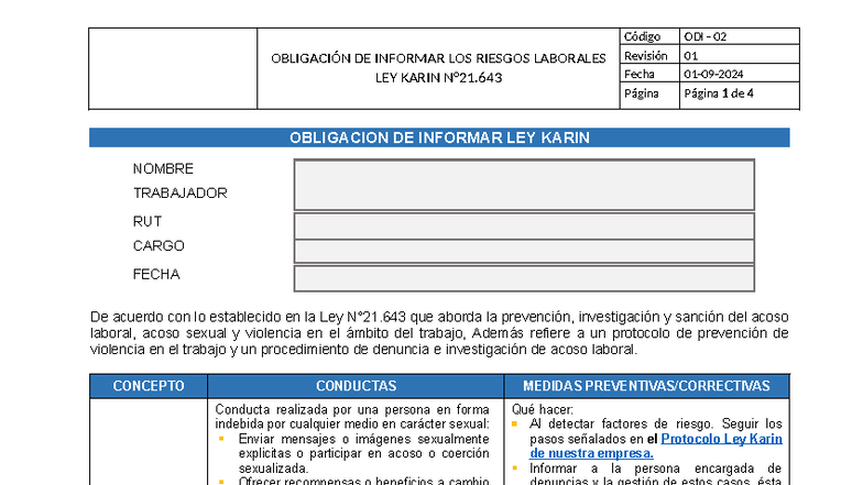OBLIGACIÓN DE INFORMAR RIESGOS LABORALES - LEY KARIN ODI 02 01 - Studocu