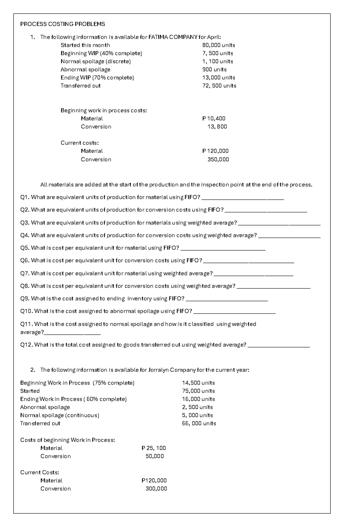 Process- Costing- Problems 2 - PROCESS COSTING PROBLEMS The following ...