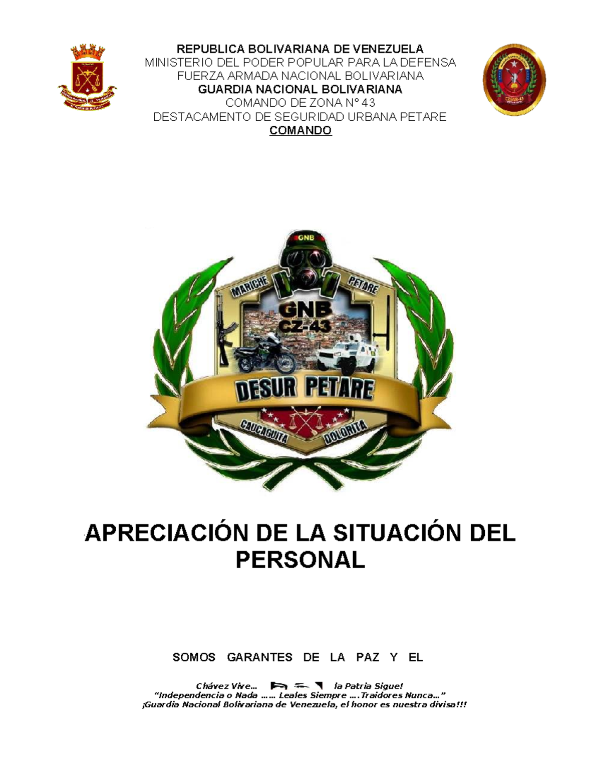 Dossier Personal: Evaluación y Normativas de la GNB - Comando N° 43 ...