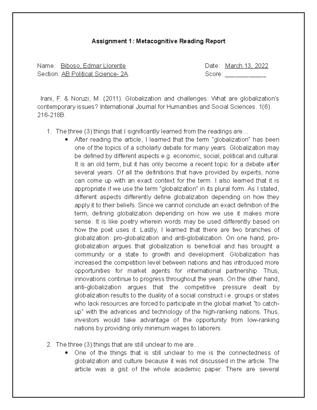 (Metacognative Reading Report) - Assignment 1: Metacognitive Reading Report Name: Biboso, Edmar ...