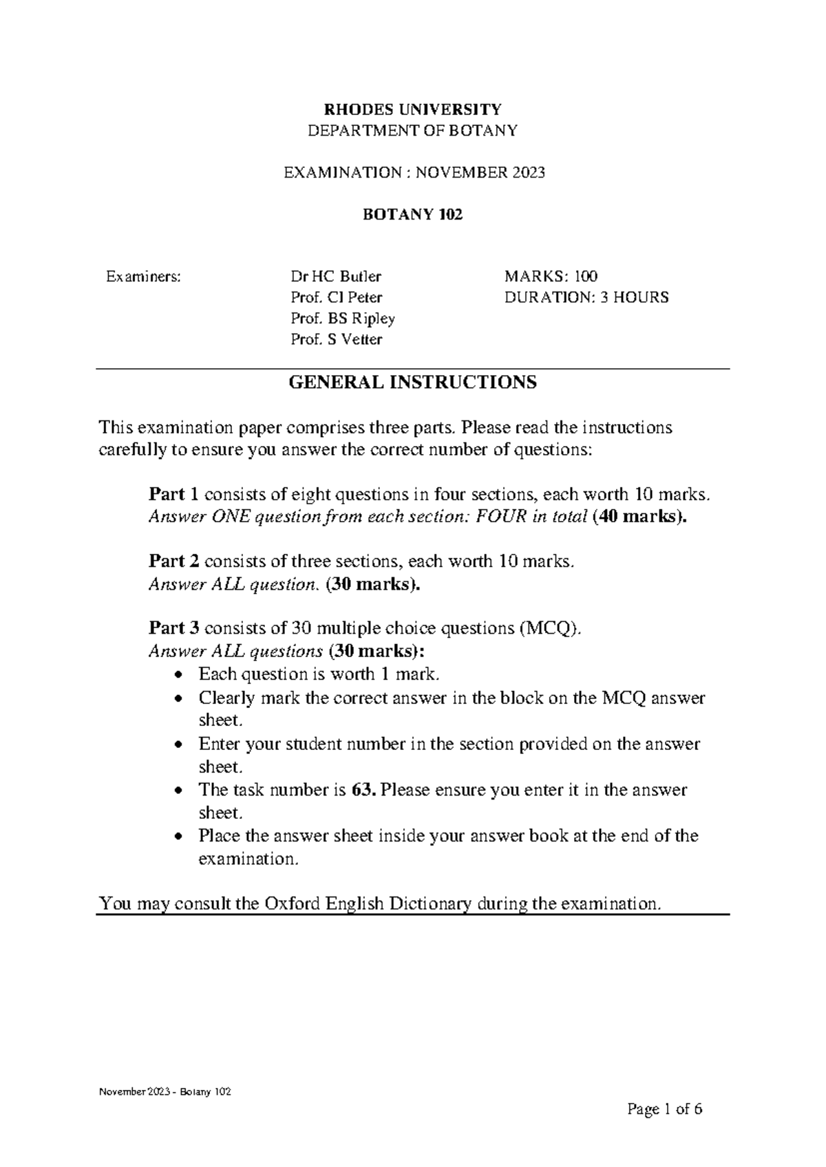 202311 BOT 102 Final Exam Nov 2023 - Comprehensive Overview - Studocu