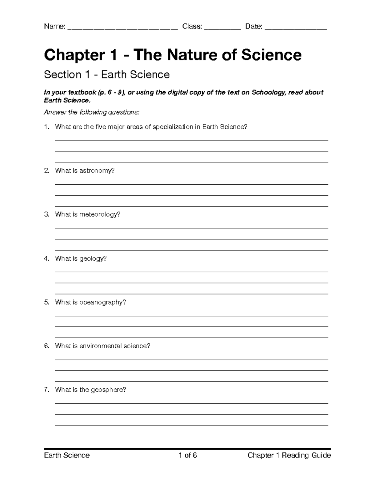 Earth Science 101: Chapter 1 Reading Guide on The Nature of Science ...