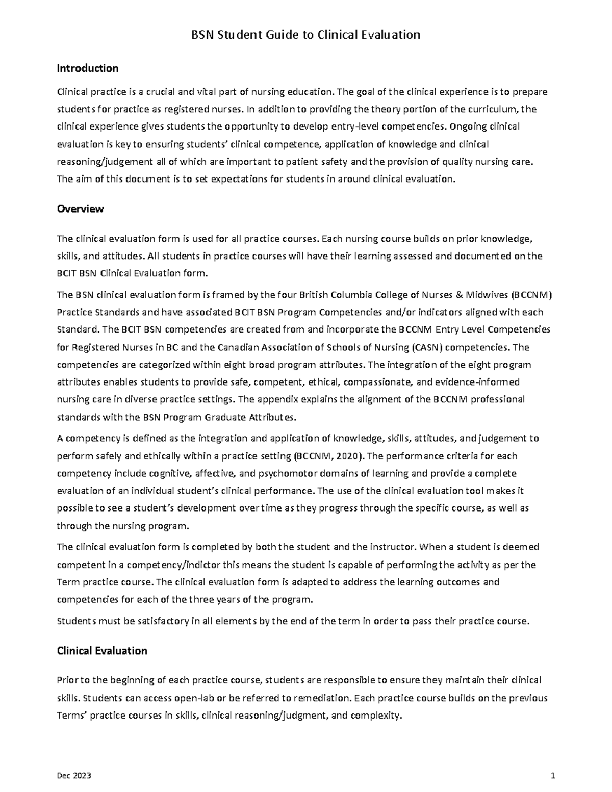 BSN Clinical Evaluation Guide: Expectations & Competencies 2023 - Studocu
