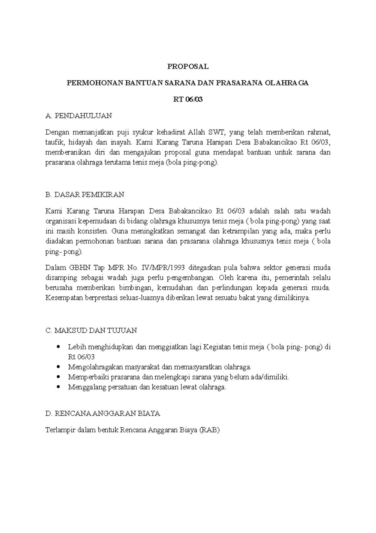 Proposal Bantuan Sarana Olahraga Tenis Meja untuk RT 06/03 - Studocu