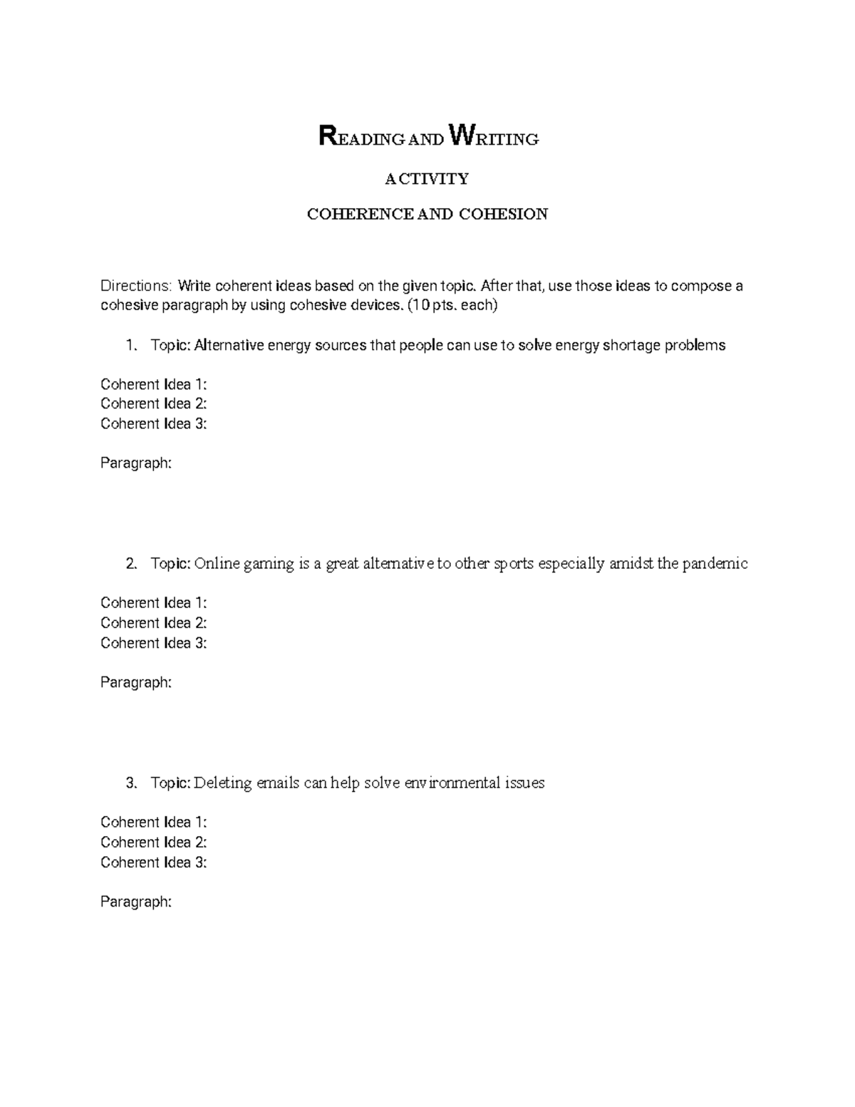 Coherence AND Cohesion - READING AND WRITING ACTIVITY COHERENCE AND ...