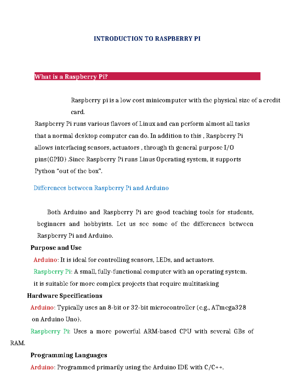Introduction to Raspberry Pi: Overview, Specs & Programming Guide - Studocu