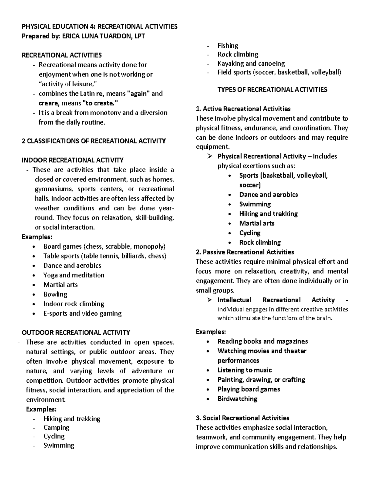 PE4: Recreational Activities and Benefits - Prelim Reviewer - Studocu