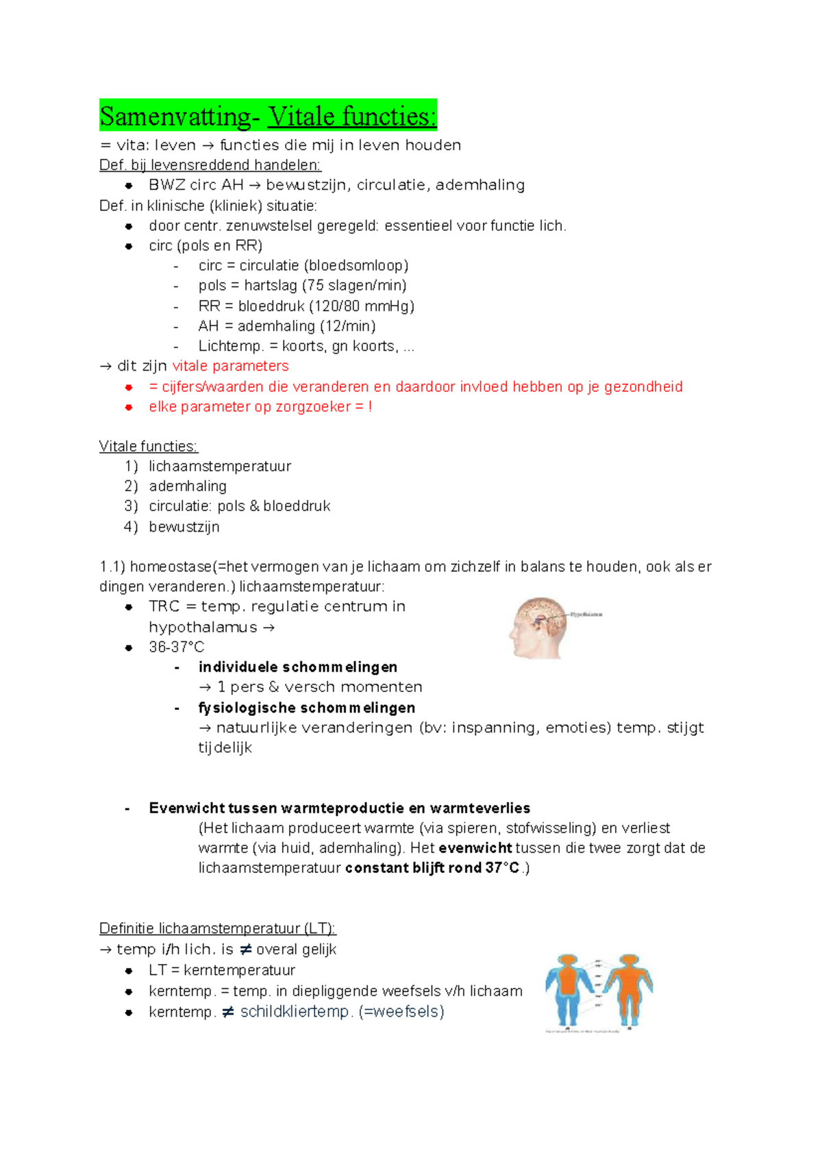 Samenvatting: Vitale Functies en Hun Betekenis voor Gezondheid - Studocu
