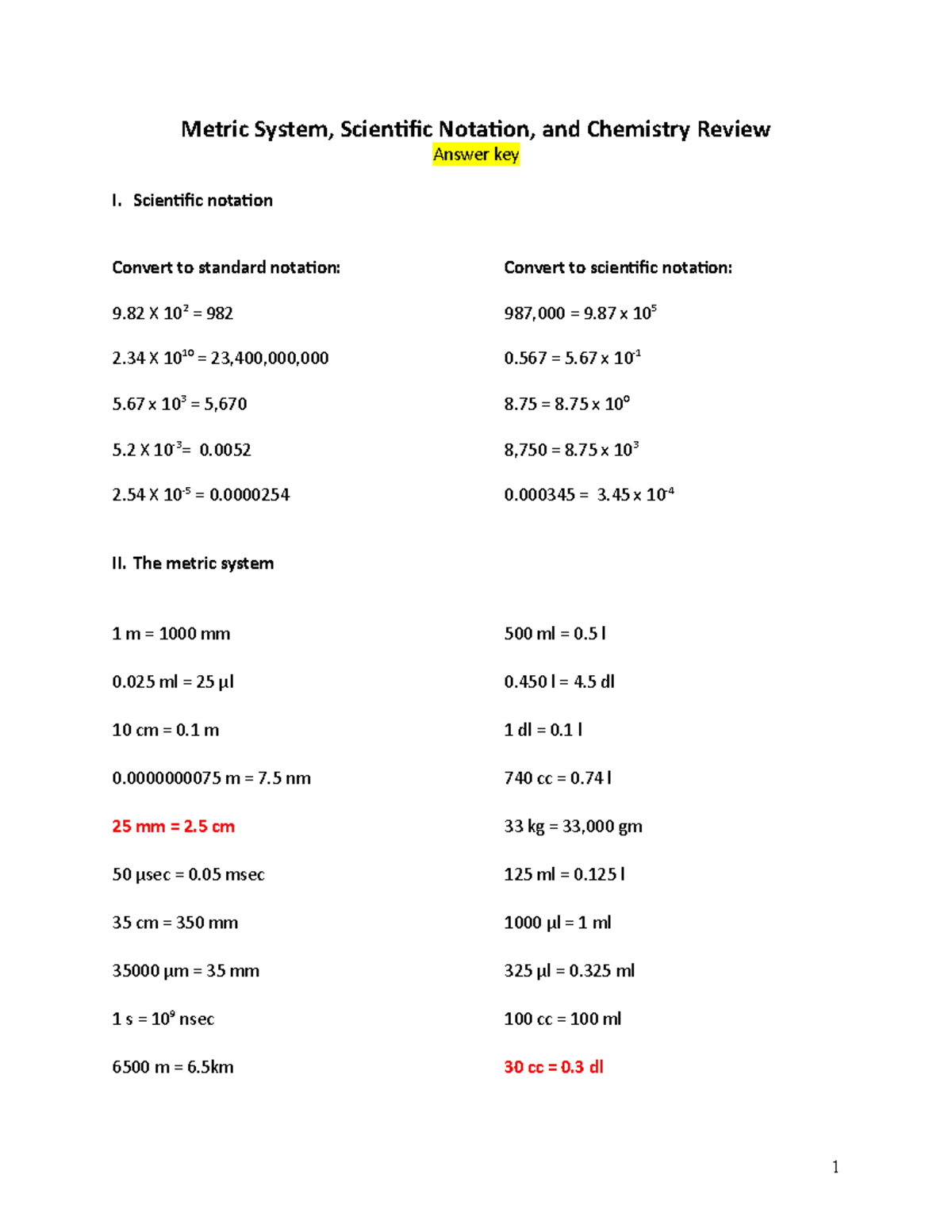 LAB - MATH-CHEM Metric System & Sci Notation Review Answer Key - Studocu