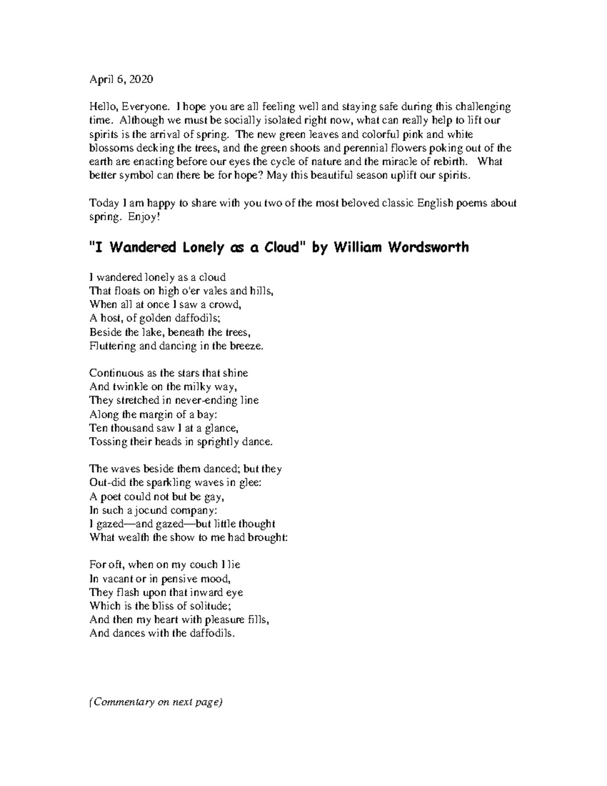 ENG 101: Analysis of William Wordsworth's "I Wandered Lonely as a Cloud ...