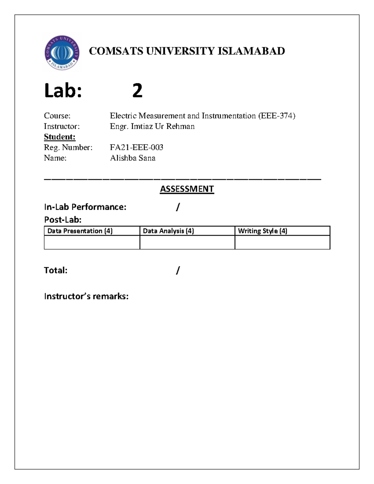 FA21-EEE-003 - Lecture - COMSATS UNIVERSITY ISLAMABAD Lab: 2 Course ...