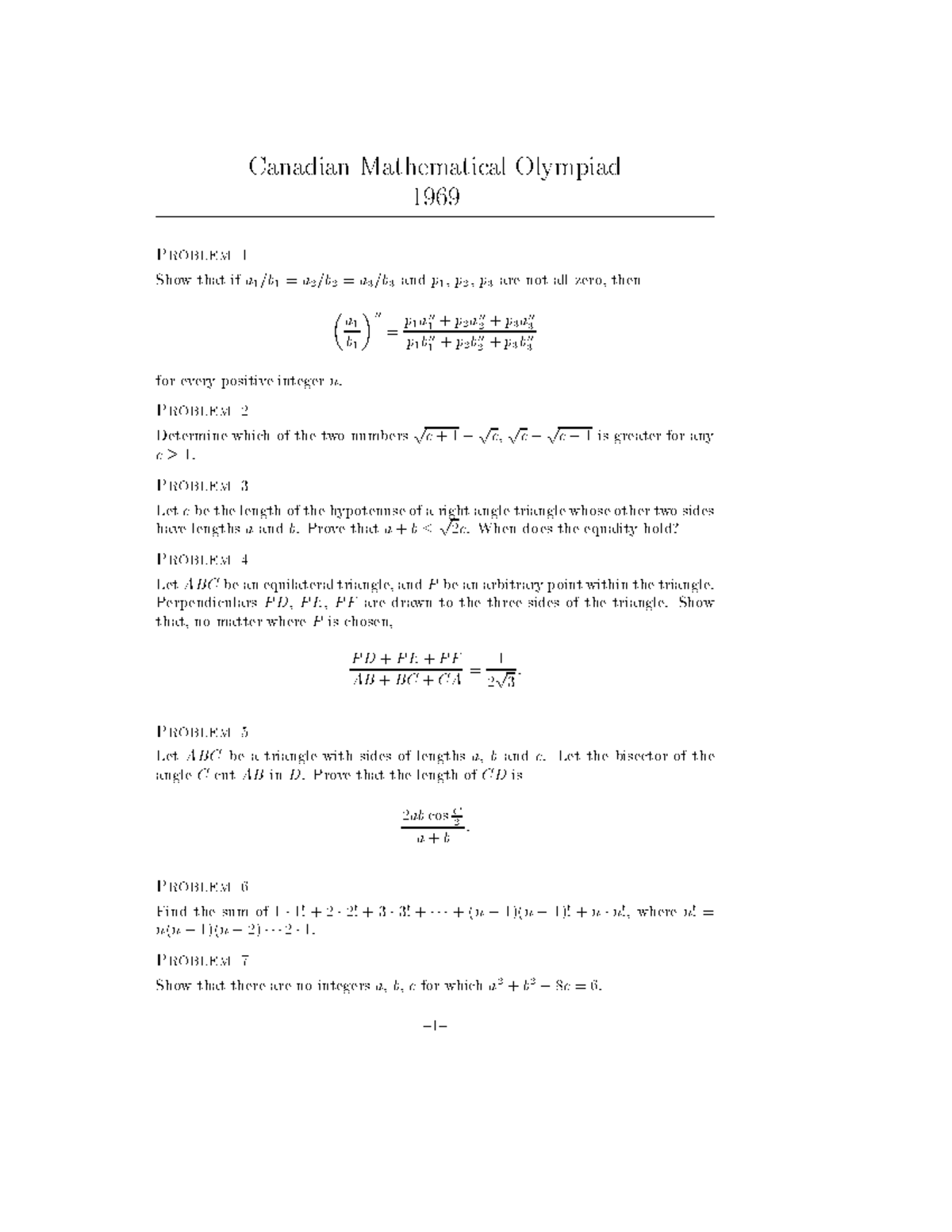 Canadian Mathematical Olympiad 1969 Exam Problems and Solutions - Studocu