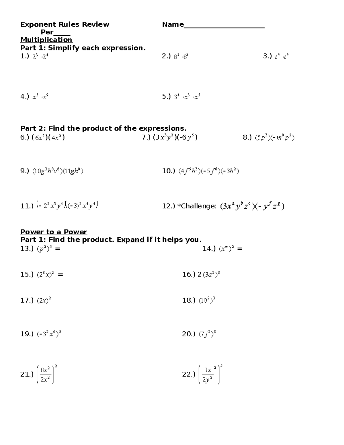 Exponent Rules Worksheet Review and Practice Exercises - Studocu