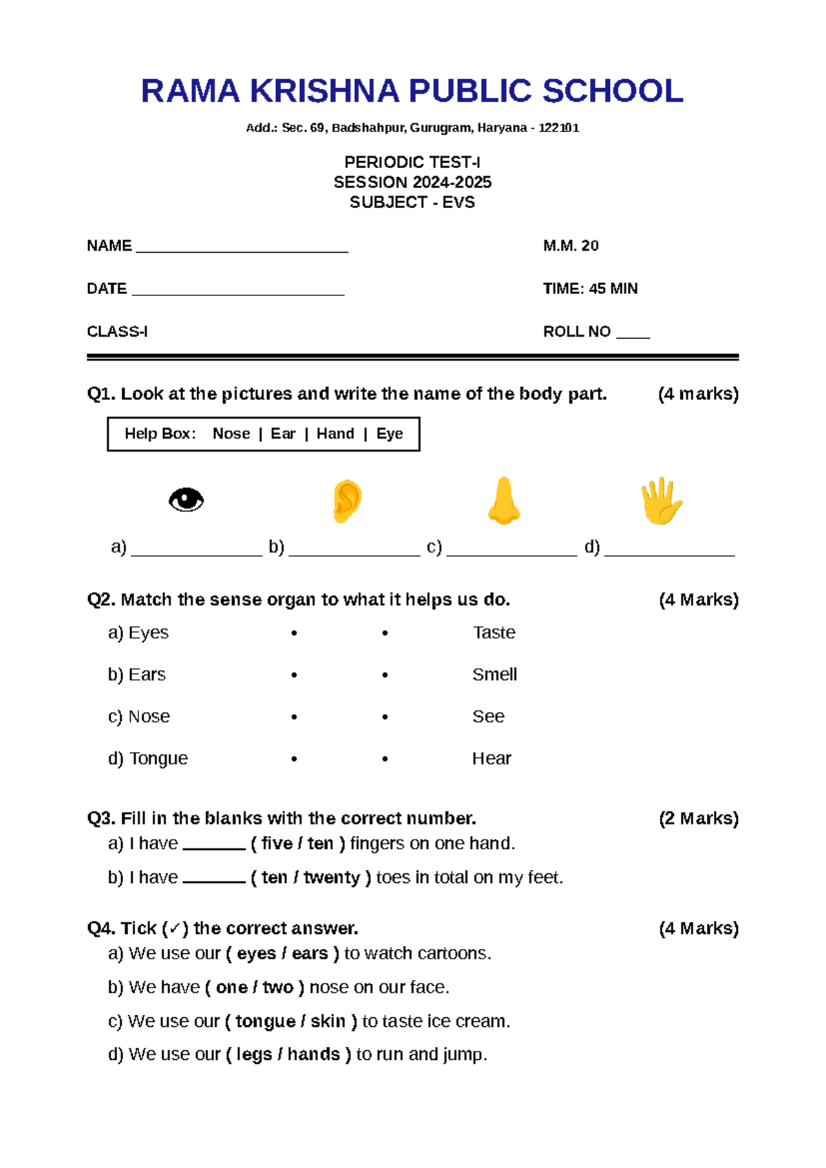 EVS Class 1 Periodic Session Question Paper - Studocu