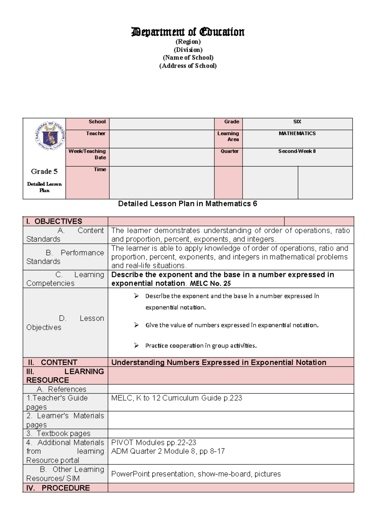 COT-MATH 6-Q2-W8: Detailed Lesson Plan on Exponential Notation - Studocu
