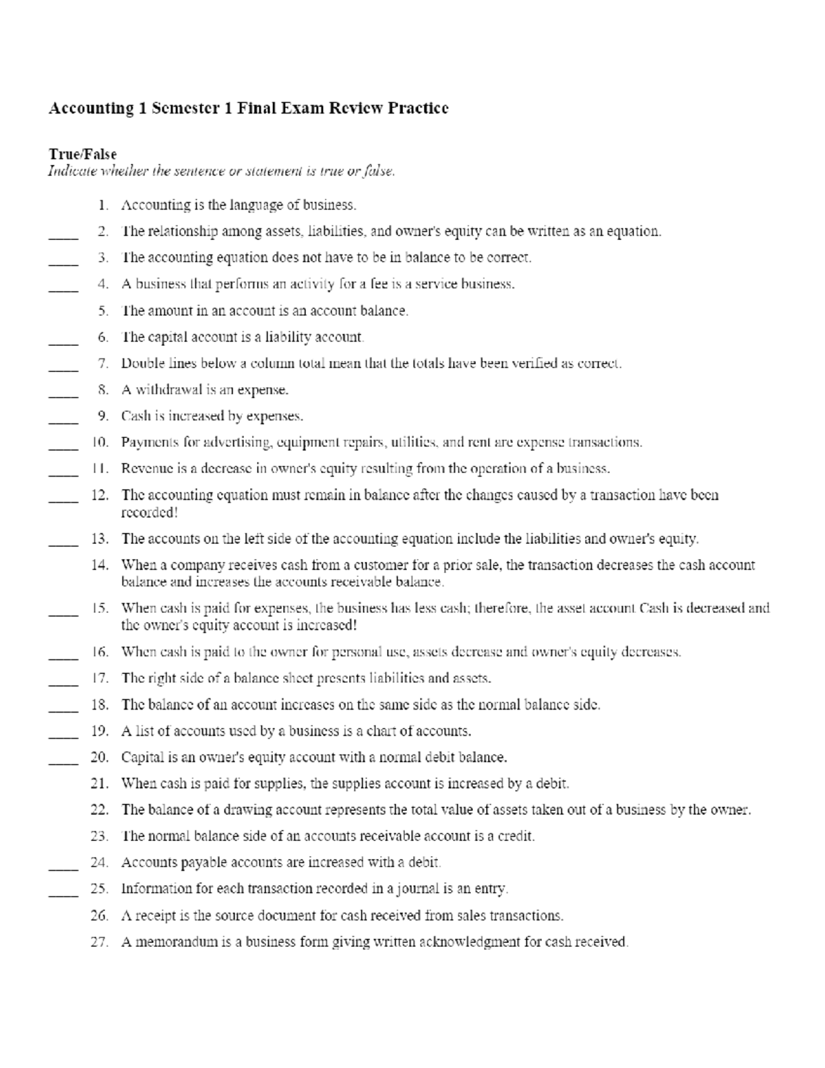Accounting 1 Sem 1 Final Exam Review & Practice Guide - Studocu