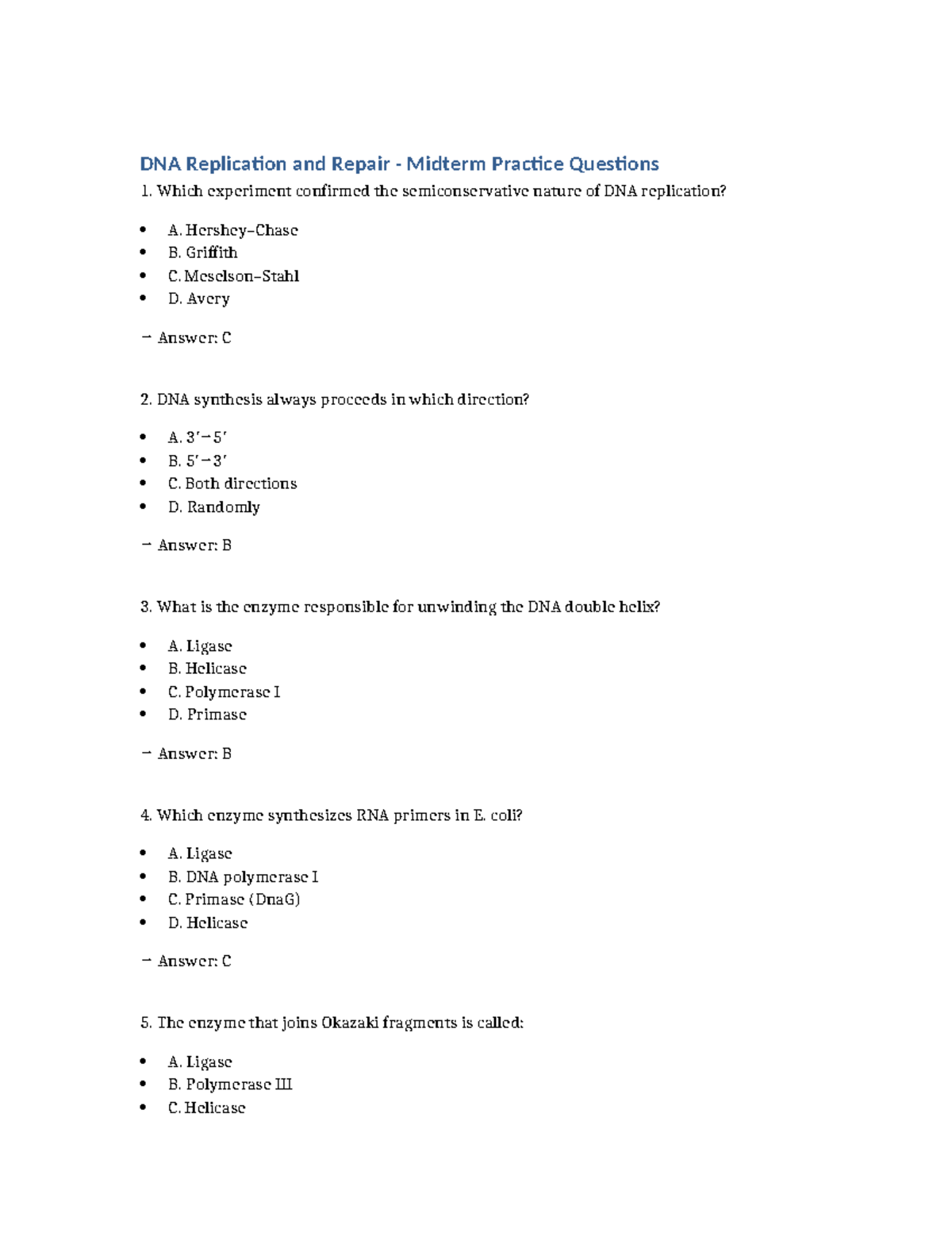 DNA Replication and Repair Midterm Practice Questions - Studocu