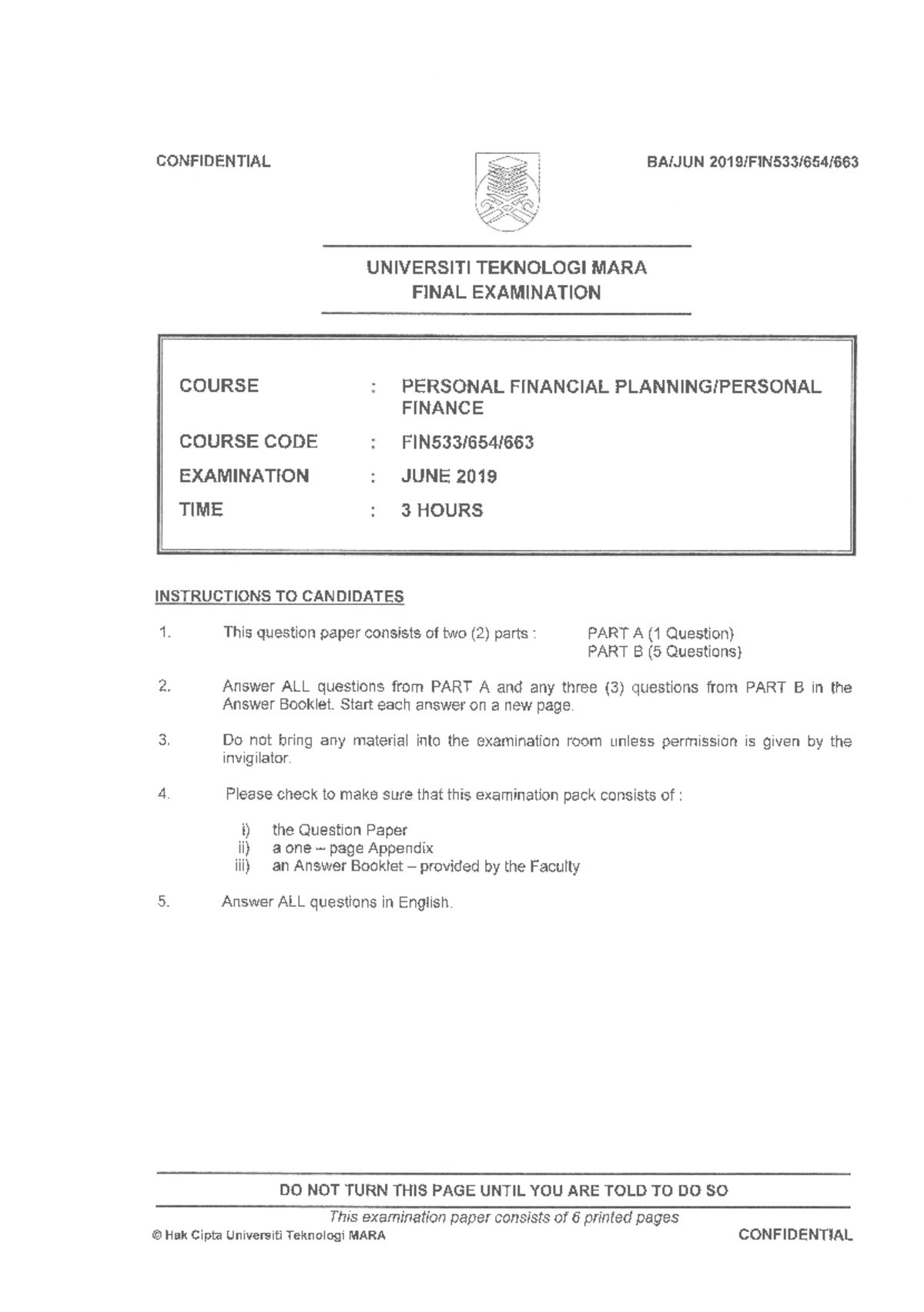 JUN 2019 FIN533 - Contoh soalan - CONFIDENTIAL UNIVERSITI TEKNOLOGI ...