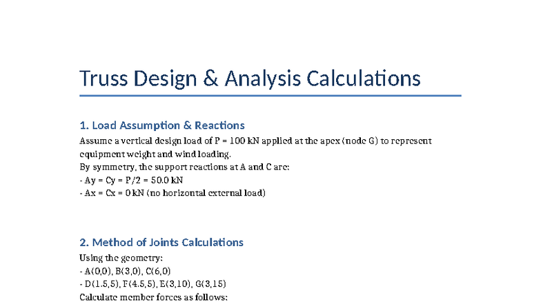 Truss Design Calculations: Load Assumptions & Method of Joints - Studocu
